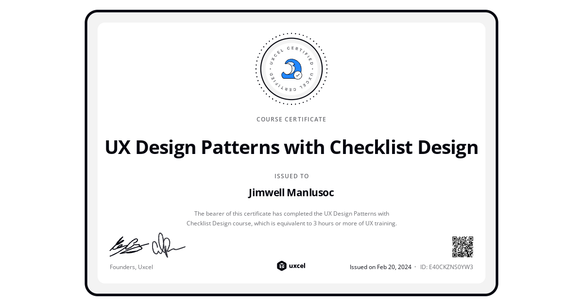 Certificate of completion for UX Design Patterns with Checklist Design | Uxcel